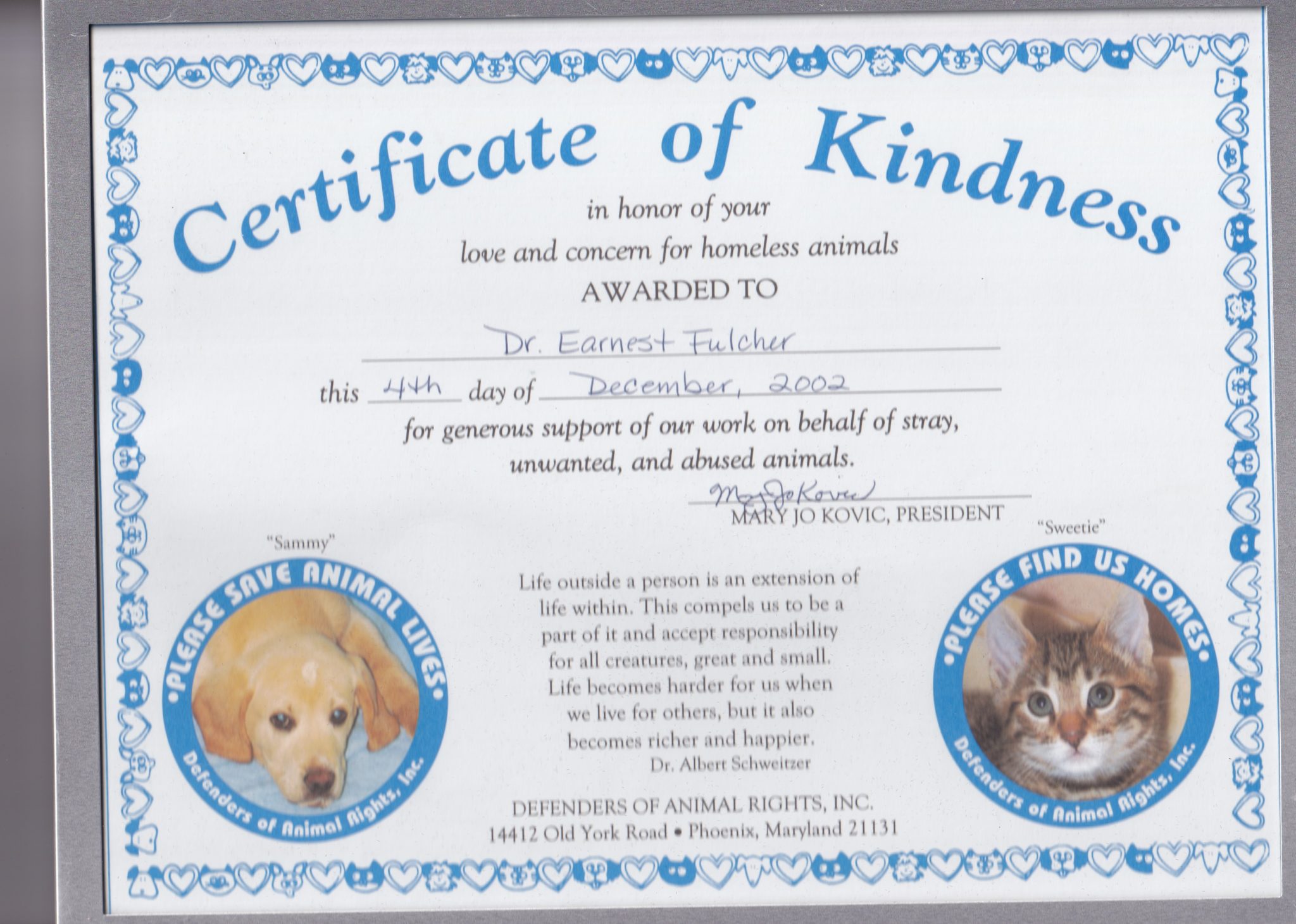 Defenders of Animal Rights Inc - Dr. E.C. Fulcher, Jr.